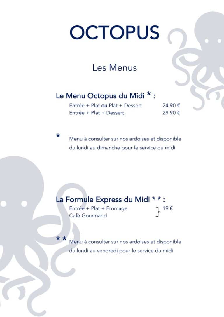 Menu • Octopus La Rochelle • Restaurant Bar Rooftop • Les Minimes